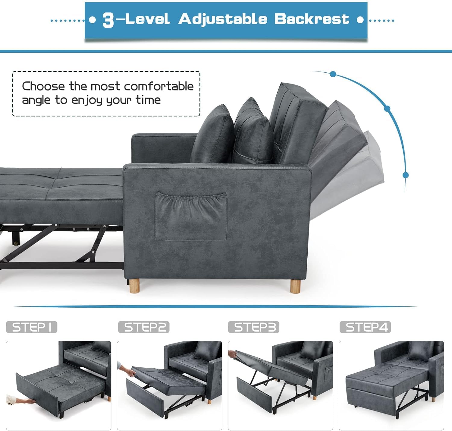YODOLLA Futon Chair Bed, 3-in-1 Convertible Chair Sleeper for Adults, Pull Out Sofa Bed with Adjustable Backrest,Sofa,Lounger Chair,Single Bed,Convertible Chair Bed for Adults, Bronze Dark Grey