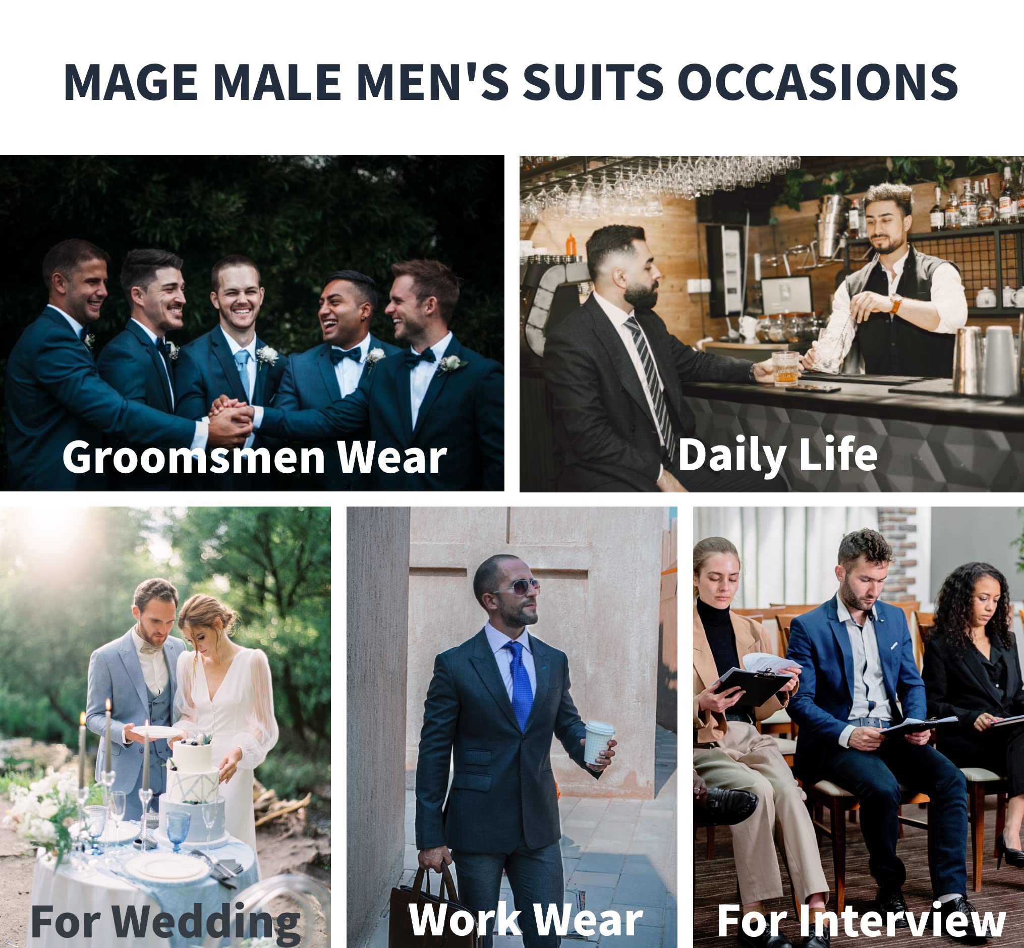 MAGE MALE Men's 3 Pieces Suit Slim Fit Notch Lapel One Button Business Wedding Party Solid Blazer Jacket Vest Pants Set with Tie Black