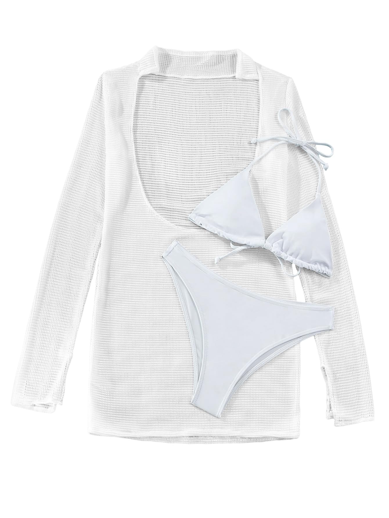 Lilosy Sexy Long Sleeve Mesh Sheer Beach Swim Cover Up Dress Bikini 3 Piece Women Drawstring Swimwear Swimsuit String Bathing Suit Set Fishnet White Large