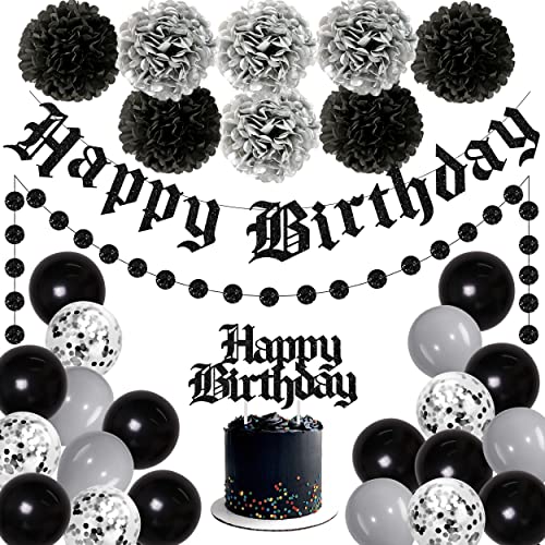 Funeral Birthday Party Decorations, Black Gothic Birthday Decorations - Old English Happy Birthday Glitter Banner, Cake Topper, Tissue Pom Poms, Black Circle Dot Garland and Balloons for Men and Women