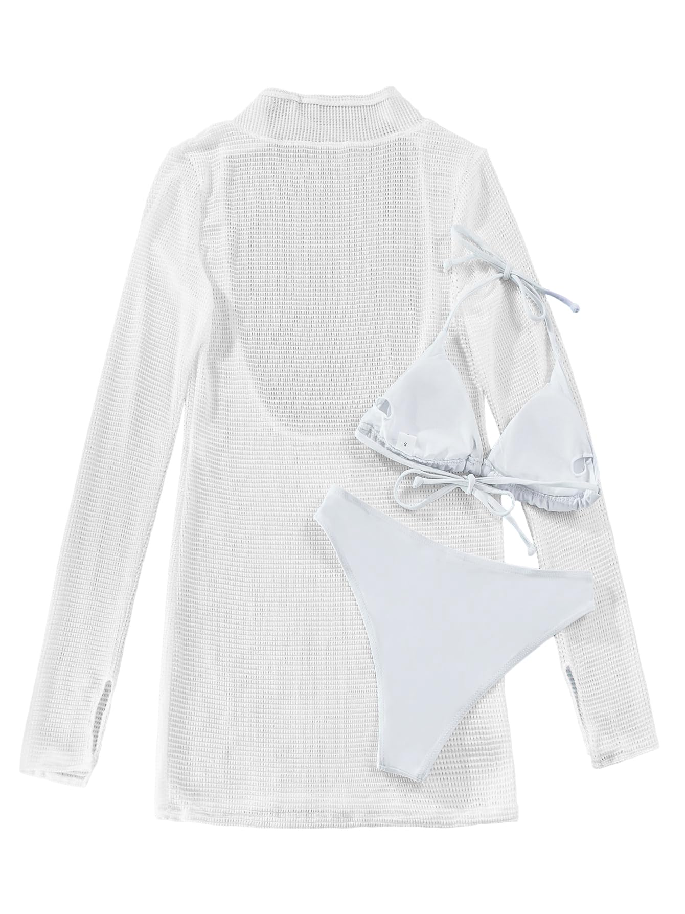 Lilosy Sexy Long Sleeve Mesh Sheer Beach Swim Cover Up Dress Bikini 3 Piece Women Drawstring Swimwear Swimsuit String Bathing Suit Set Fishnet White Large