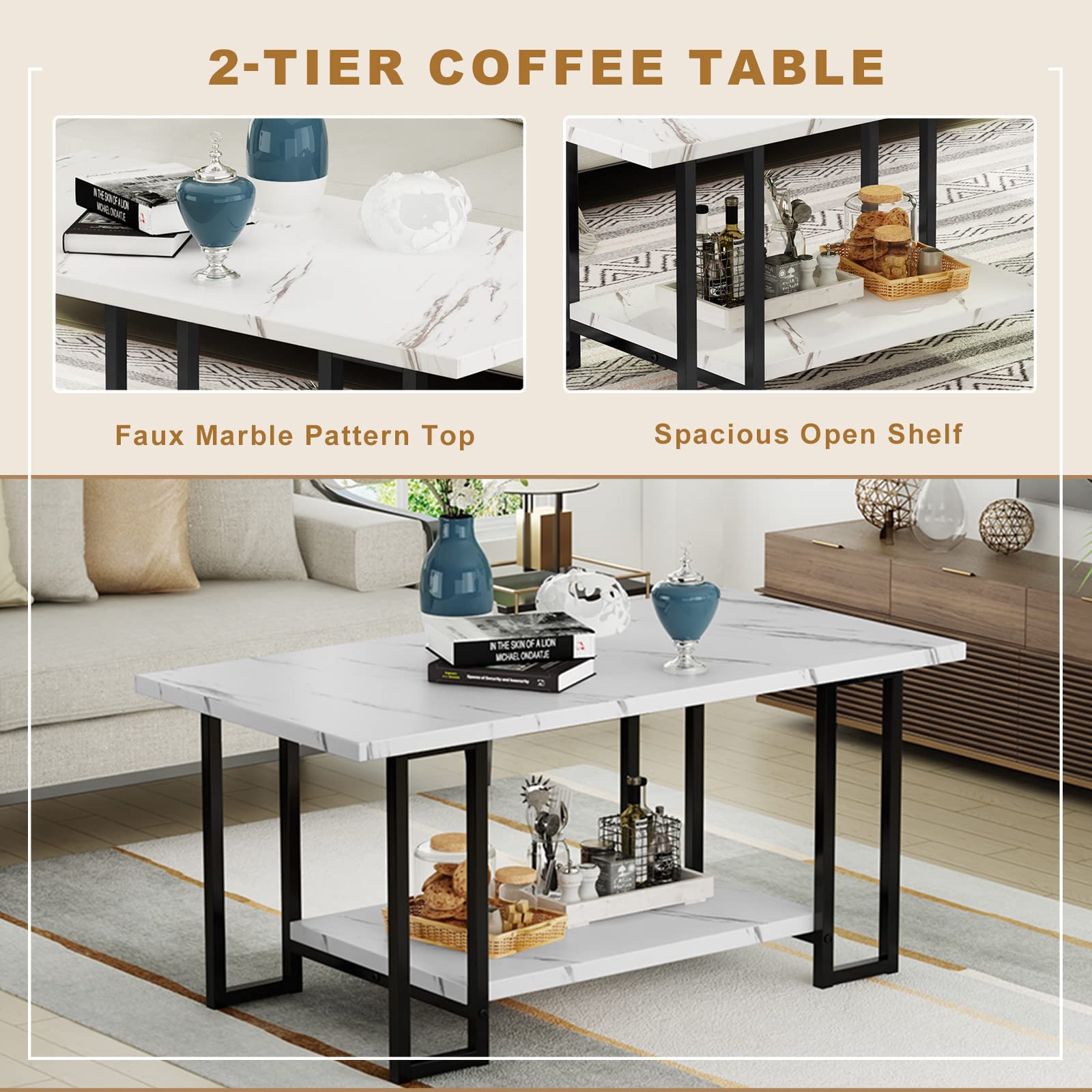 AWQM Coffee Table Set of 3, Faux Marble Coffee Table with 2 Round End Side Tables, Modern Living Room Table Set with Metal Frame for Apartment Home Office, White Black