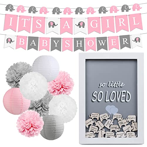 WOMRICH Girl Baby Shower Decorations Elephant Theme Set, Baby Shower Guestbook Elephant Sign Frame, It is a Girl Banners Elephant Garland Paper Lantern Paper Flower Pom Poms (Pink)