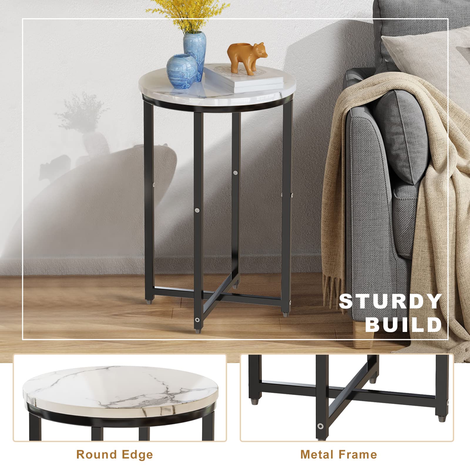 AWQM Coffee Table Set of 3, Faux Marble Coffee Table with 2 Round End Side Tables, Modern Living Room Table Set with Metal Frame for Apartment Home Office, White Black