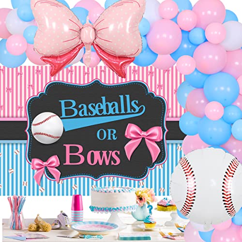 Gender Reveal Party Decorations Baseball Gender Reveal Party Decorations with Baseballs or Bows Backdrop Latex Balloons for Boys and Girls Baby Shower Pregnancy Gender Reveal