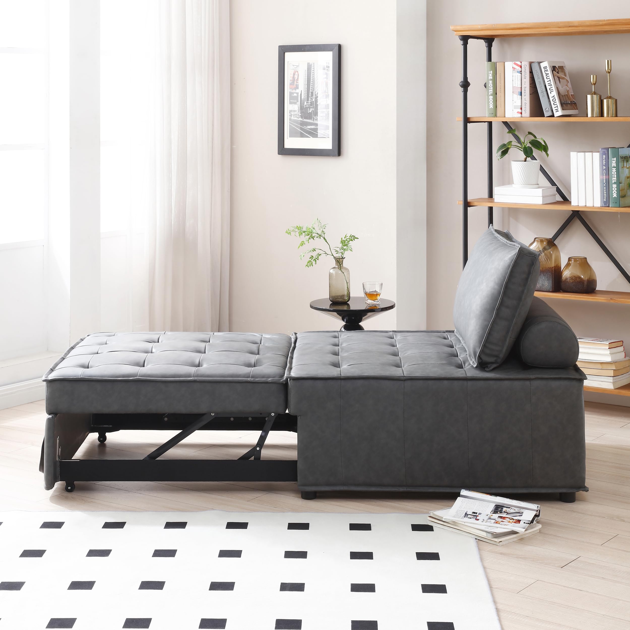 YuiHome Lazy 3 in 1 Multipurpose Faux Leather Ottoman, Convertible, Adjustable Single Sleeper Chair Sofa Bed for Living Room Apartment,Dark Grey