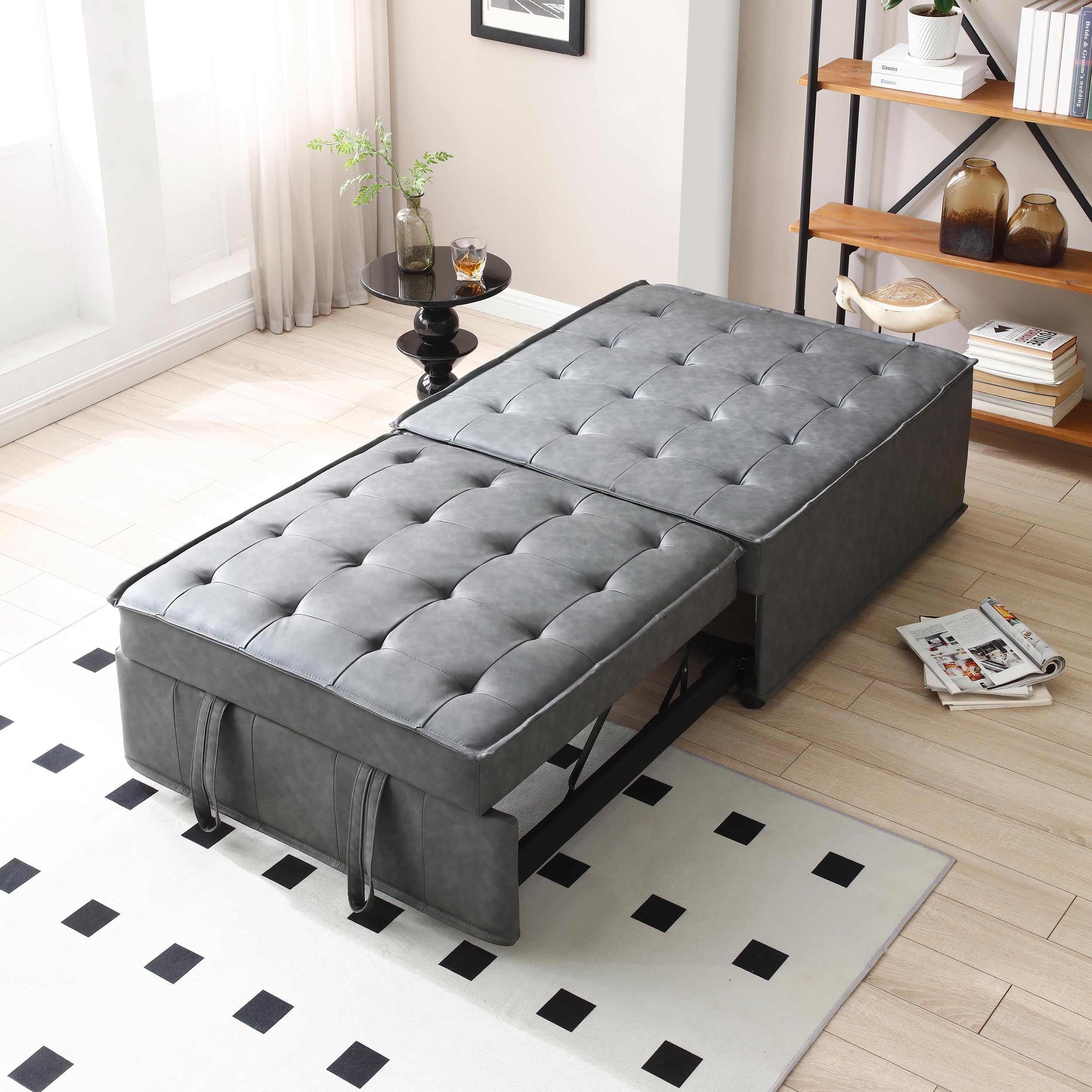 YuiHome Lazy 3 in 1 Multipurpose Faux Leather Ottoman, Convertible, Adjustable Single Sleeper Chair Sofa Bed for Living Room Apartment,Dark Grey