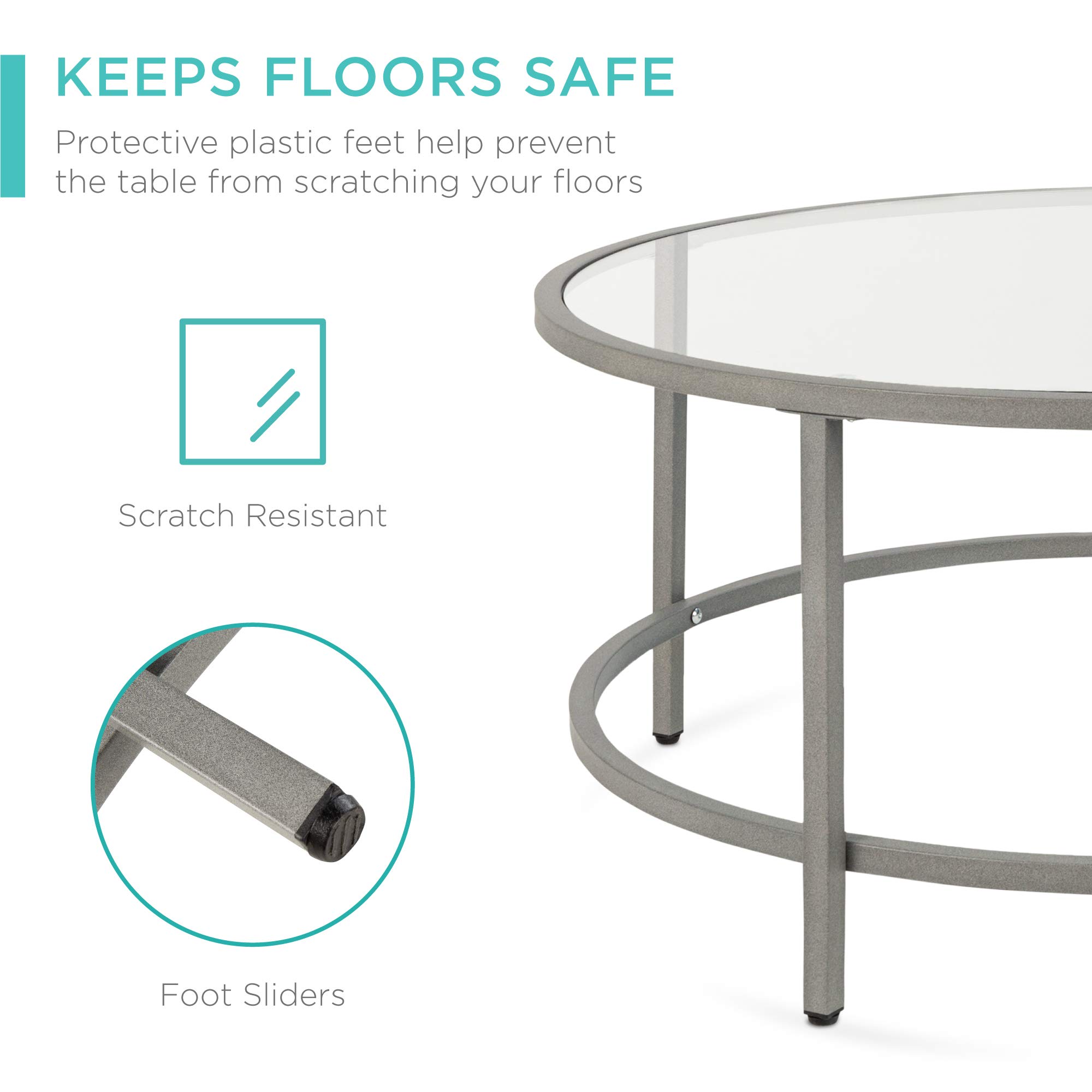 Best Choice Products 36in Modern Round Tempered Glass Accent Side Coffee Table for Living Room, Dining Room, Tea, Home Décor w/Metal Frame, Non-Marring Foot Caps - Gray