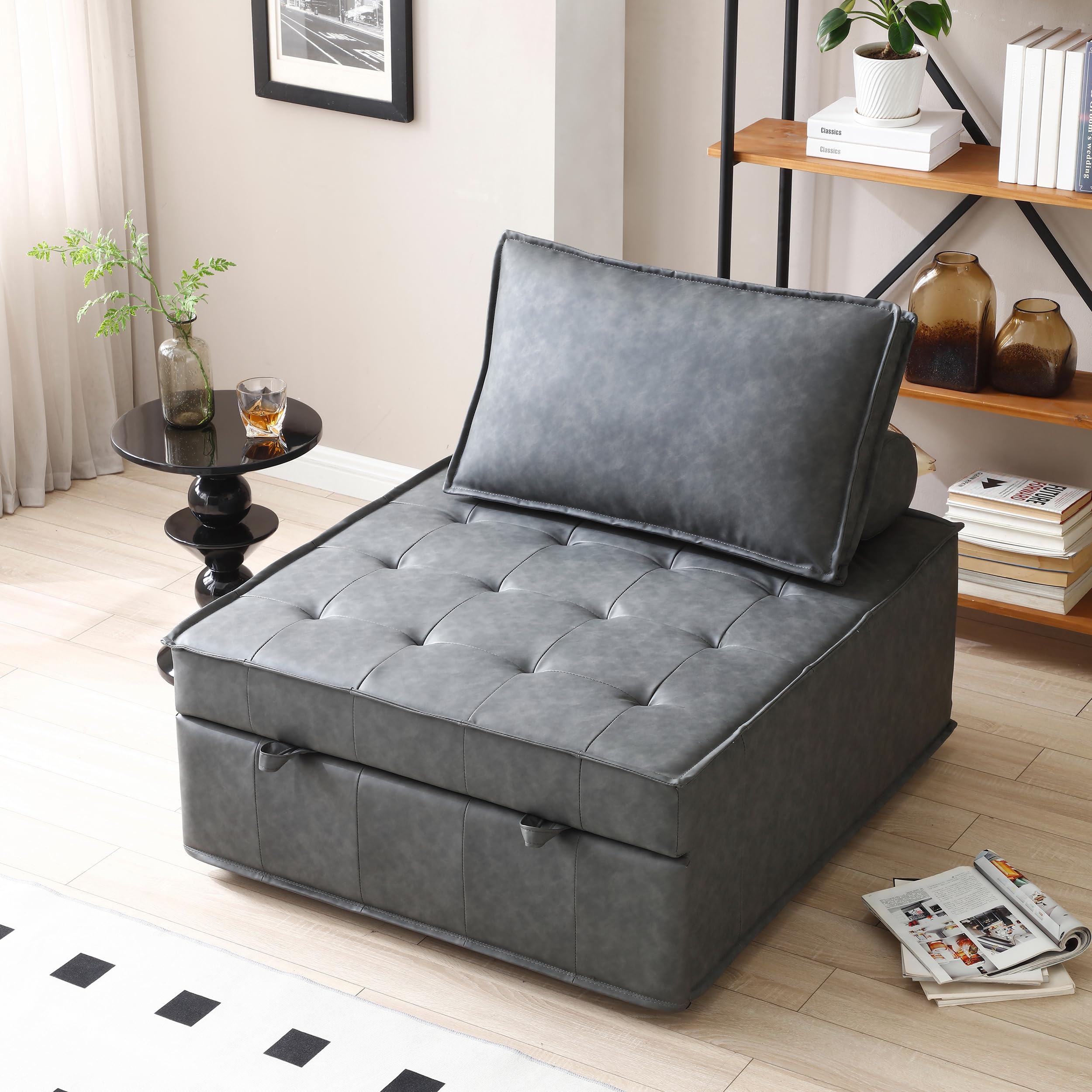 YuiHome Lazy 3 in 1 Multipurpose Faux Leather Ottoman, Convertible, Adjustable Single Sleeper Chair Sofa Bed for Living Room Apartment,Dark Grey