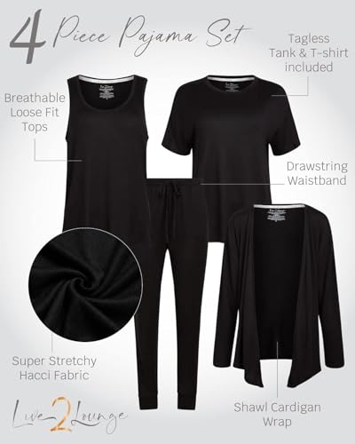 Live2Lounge Women's Pajama Set - 4 Piece Wrap Cardigan, T-Shirt, Tank Top, and Jogger Pants (S-XL), Size X-Large, Black