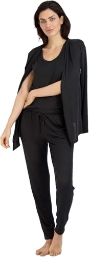 Live2Lounge Women's Pajama Set - 4 Piece Wrap Cardigan, T-Shirt, Tank Top, and Jogger Pants (S-XL), Size X-Large, Black