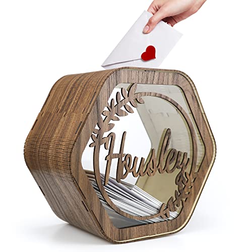 Malihome Personalized Wedding Card Box,Wooden Memory Box,Keepsake Box,Greeting Card Box,For Rustic Wedding Decor, Collection of Wedding Wishes Cards, Custom Surname and Date. (Wood color)