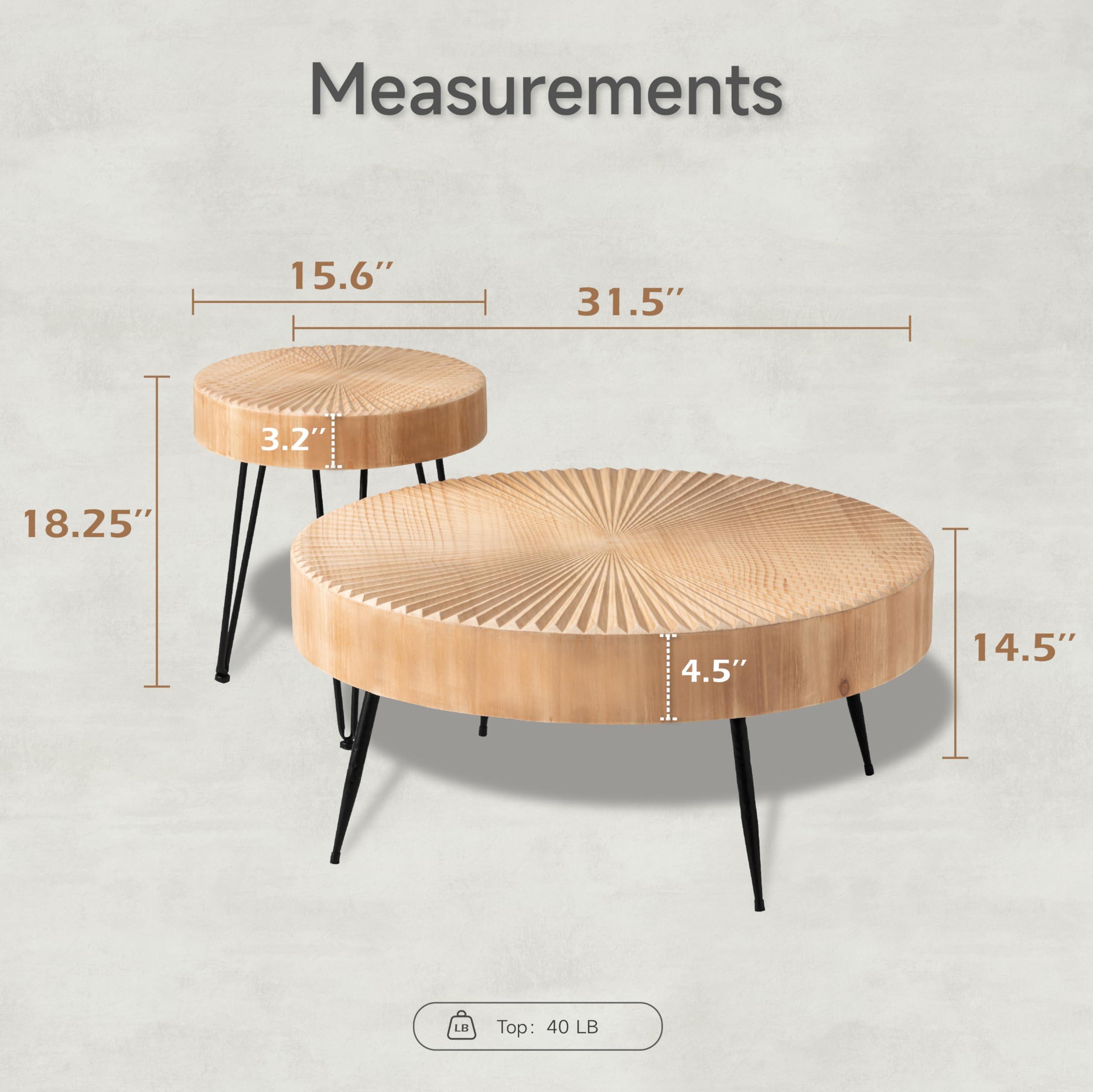 COZAYH 2-Piece Modern Farmhouse Living Room Coffee Table Set, Nesting Table Round Natural Finish with Handcrafted Wood Radial Pattern