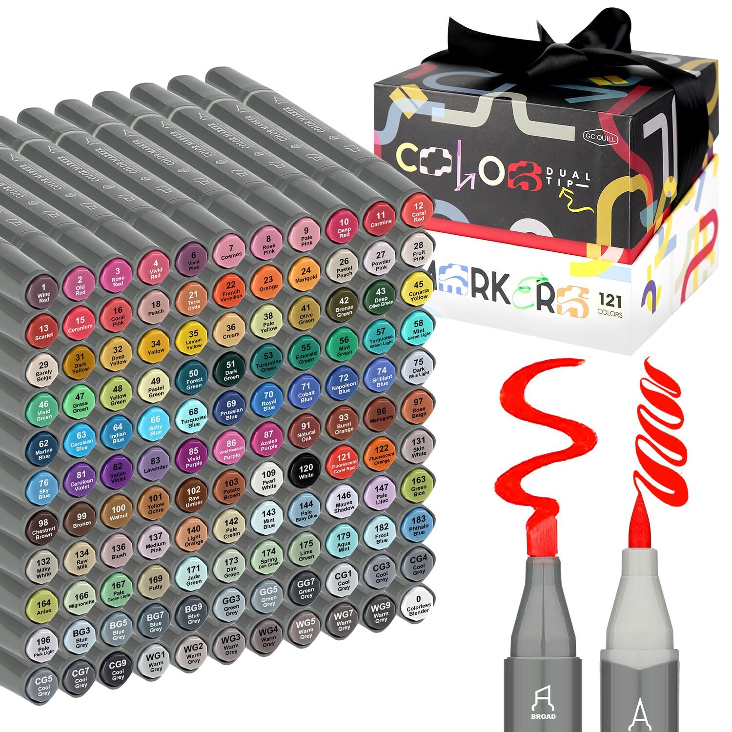 GC QUILL Alcohol Markers Brush Tip - 121 Colors Art Markers with Brush & Chisel Dual Tip for Kids, Artists, Adult coloring sketching, illustration Craft Card Making GC-MK121
