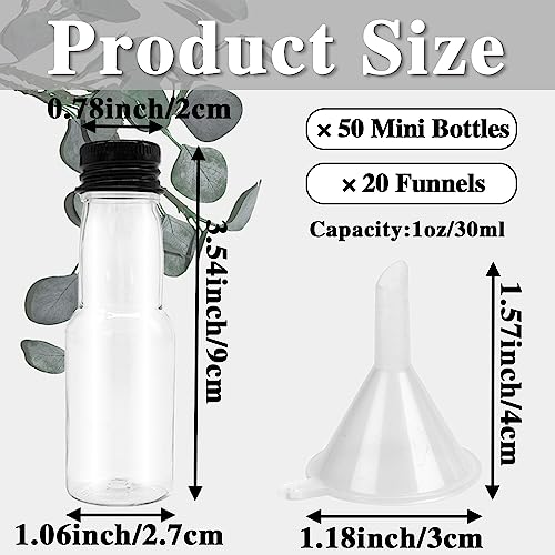 50 Pack 1 oz Mini Liquor Bottles,Clear Plastic Wine Bottles with Funnels,Airtight Plastic Spirit Bottle with Black Cap for Baby Shower, Weddings(30ml)