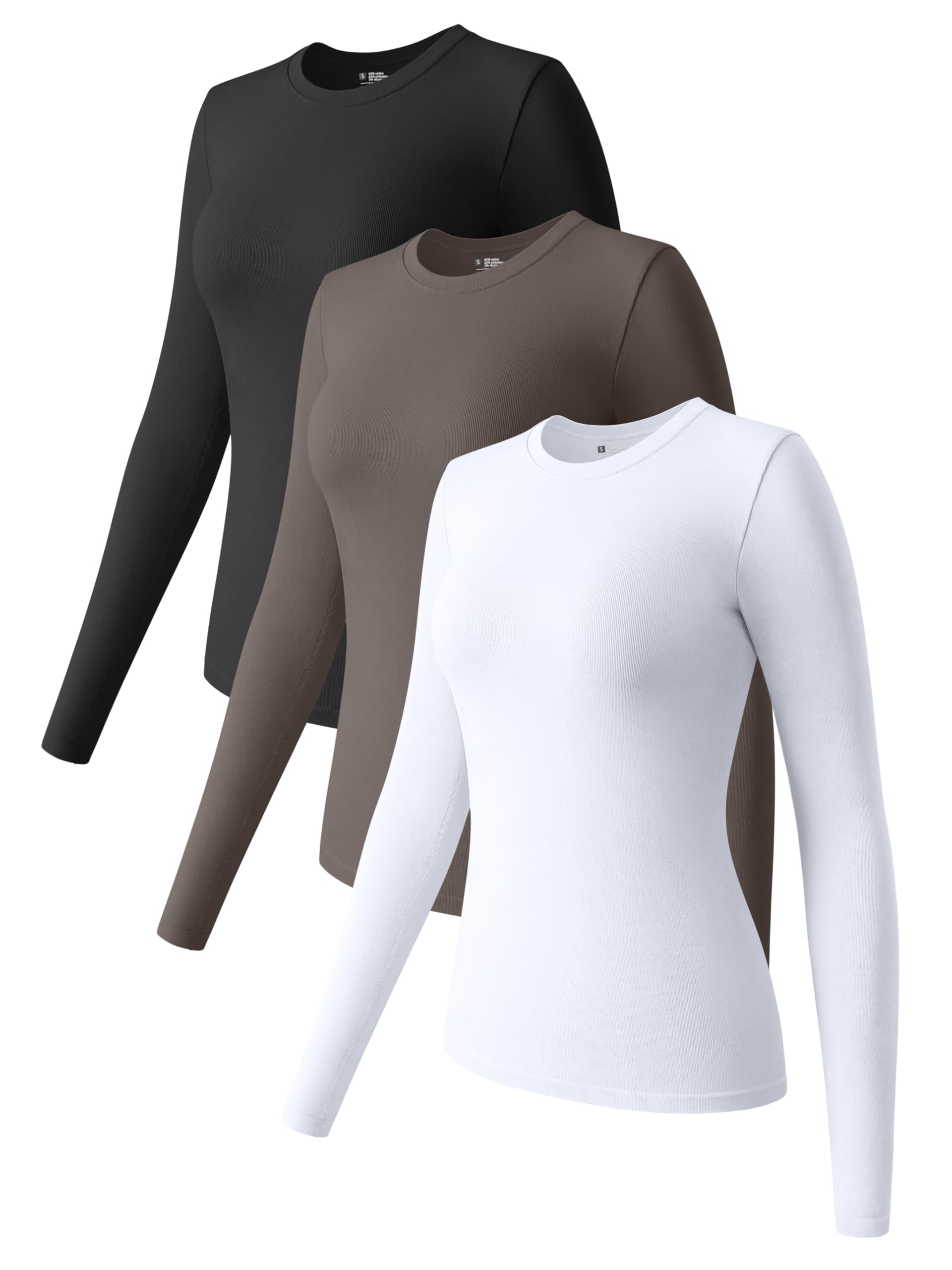OQQ Womens 3 Piece Long Sleeve Tops Crew Neck Stretch Fitted Underscrubs Layer Tee Shirts 2025 Casual Outfits Black Tea leaf White