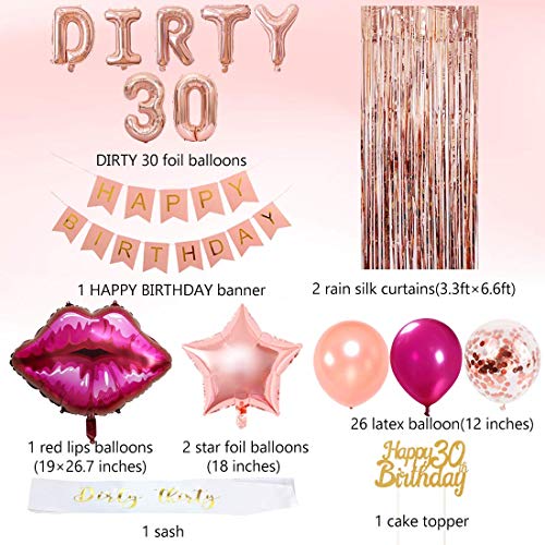 30th Birthday Decorations for Women Rose Gold Dirty 30 Balloons Dirty Thirty Sash for Her 30 Years Old Party Supplies