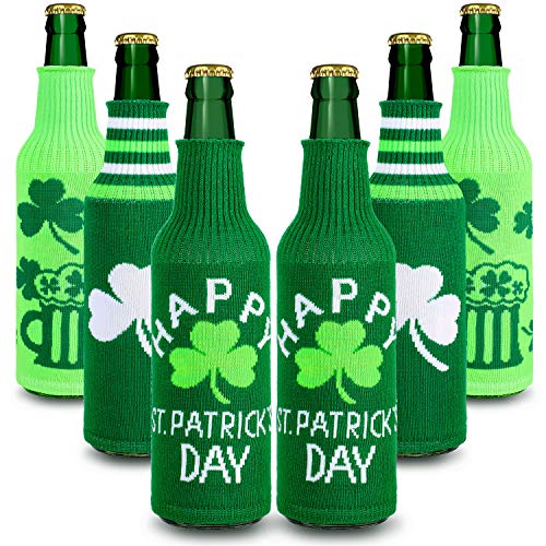 6 Packs St. Patricks Day-Themed Bottle Sleeves Green Shamrock Beer Bottle Covers Glass Beer Bottle Decor for Holiday Party Table Decorations