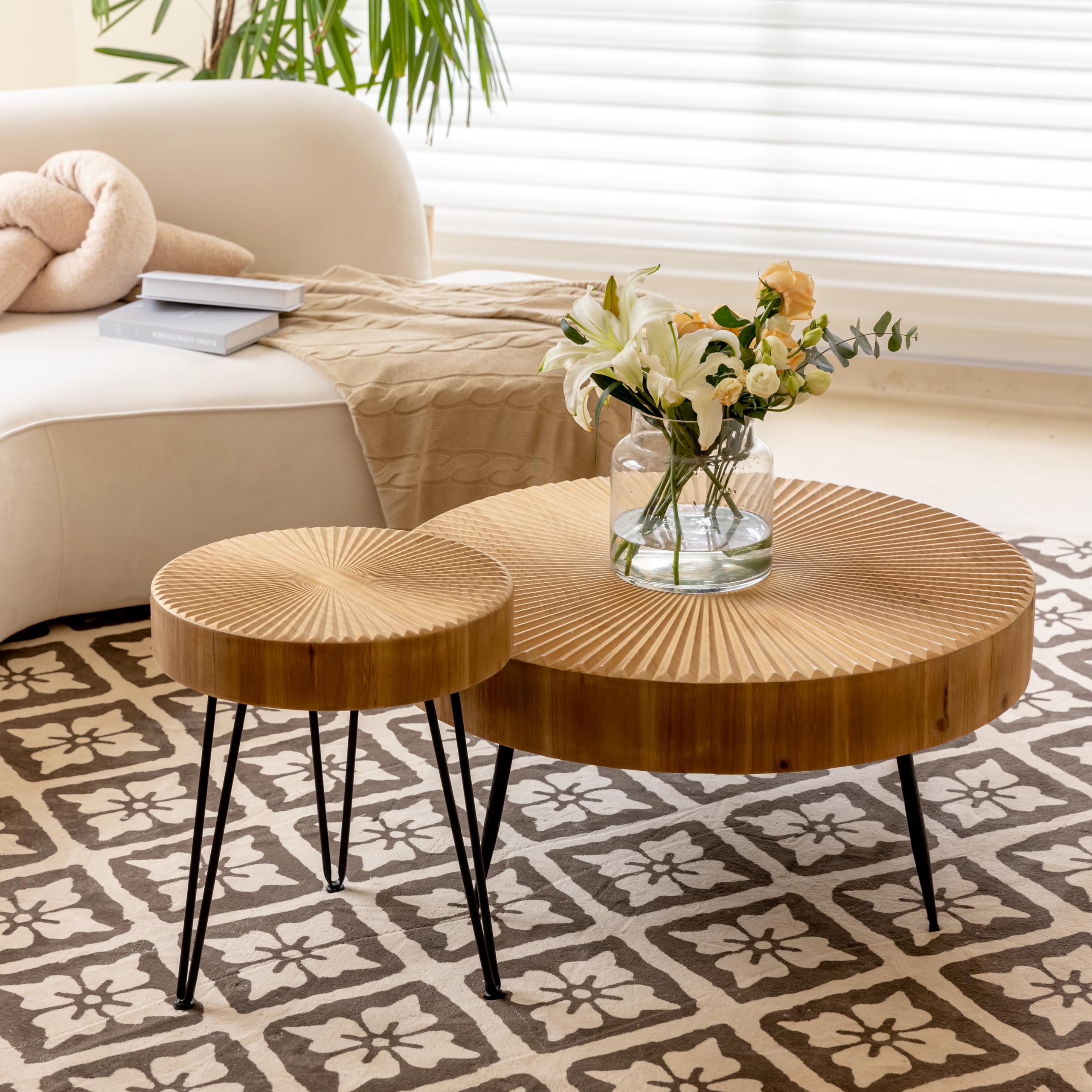 COZAYH 2-Piece Modern Farmhouse Living Room Coffee Table Set, Nesting Table Round Natural Finish with Handcrafted Wood Radial Pattern