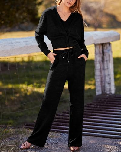 BTFBM Women's Summer 3 Piece Outfits Ribbed Knit Cardigan Cropped Tank Tops Wide Leg Pant Tracksuit Lounge Matching Sets(Solid Black, Medium)