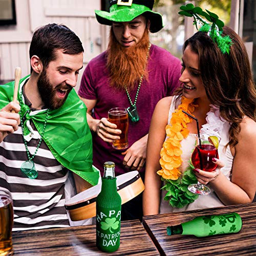 6 Packs St. Patricks Day-Themed Bottle Sleeves Green Shamrock Beer Bottle Covers Glass Beer Bottle Decor for Holiday Party Table Decorations