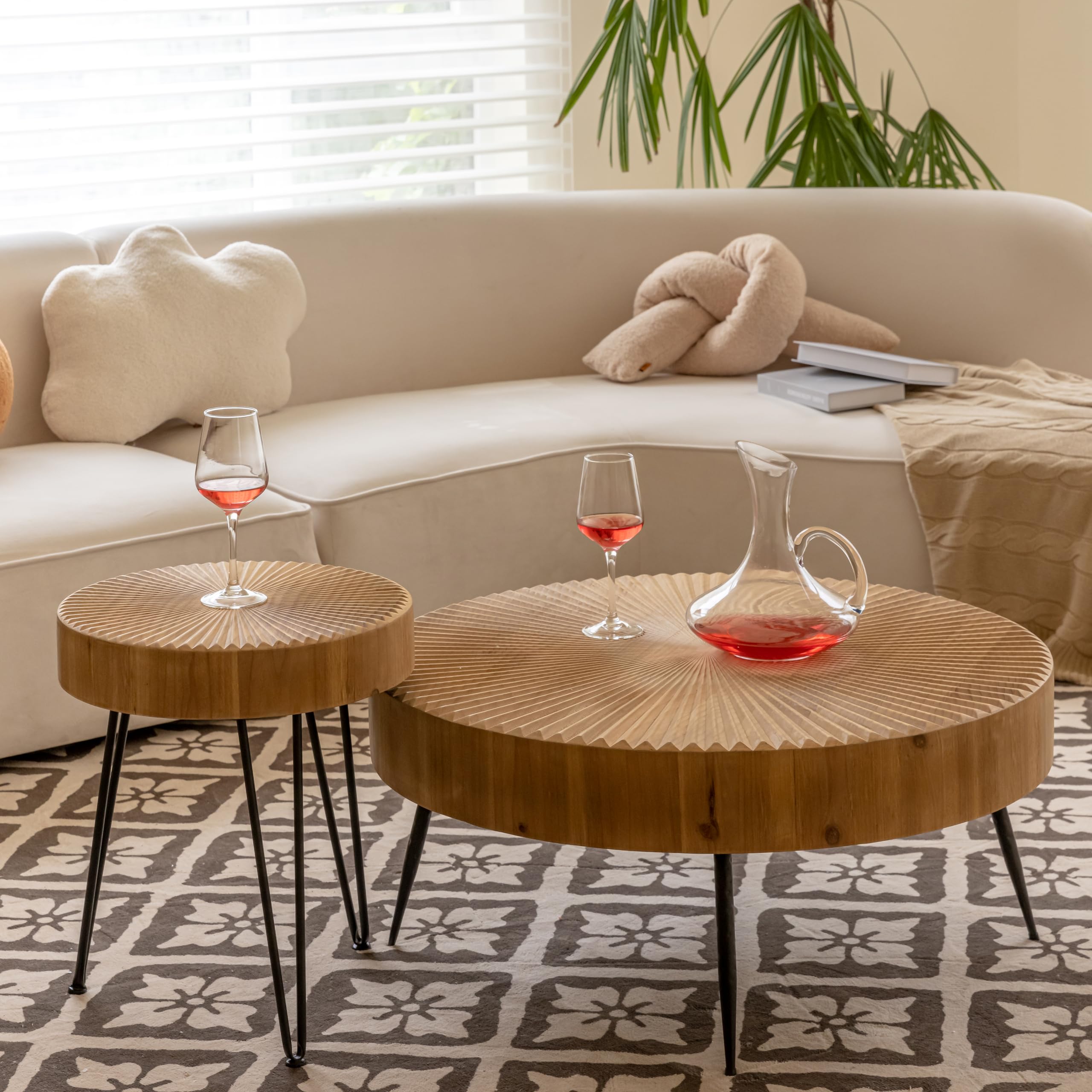 COZAYH 2-Piece Modern Farmhouse Living Room Coffee Table Set, Nesting Table Round Natural Finish with Handcrafted Wood Radial Pattern