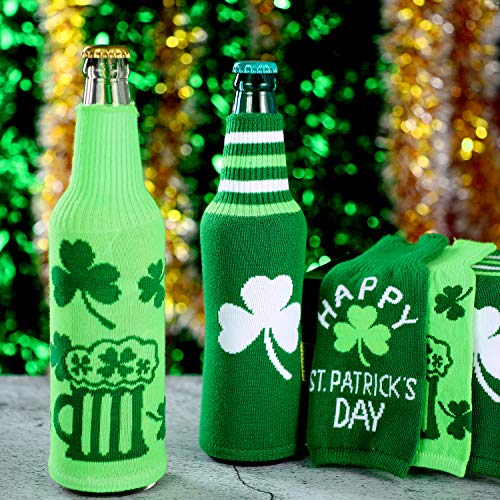 6 Packs St. Patricks Day-Themed Bottle Sleeves Green Shamrock Beer Bottle Covers Glass Beer Bottle Decor for Holiday Party Table Decorations