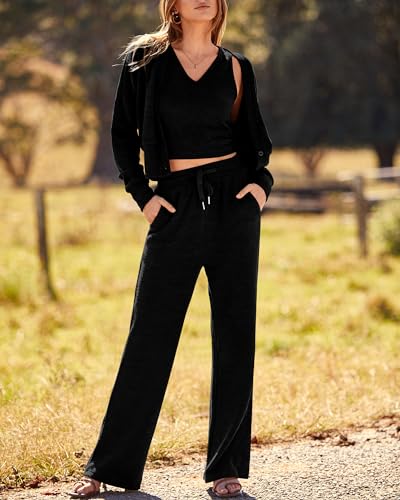 BTFBM Women's Summer 3 Piece Outfits Ribbed Knit Cardigan Cropped Tank Tops Wide Leg Pant Tracksuit Lounge Matching Sets(Solid Black, Medium)