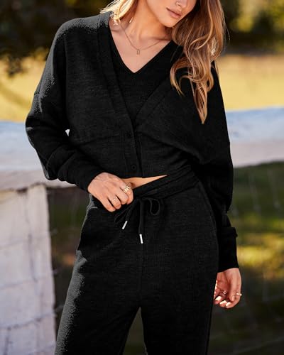 BTFBM Women's Summer 3 Piece Outfits Ribbed Knit Cardigan Cropped Tank Tops Wide Leg Pant Tracksuit Lounge Matching Sets(Solid Black, Medium)