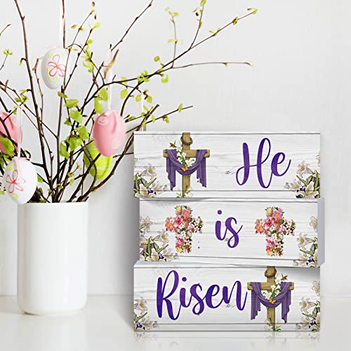 He is Risen Easter Decor Easter Wooden Cross Signs Floral Printed Easter Tiered Tray Signs Religious Tabletop Easter Decorations Spring Table Centerpieces for Home Office (Cross)