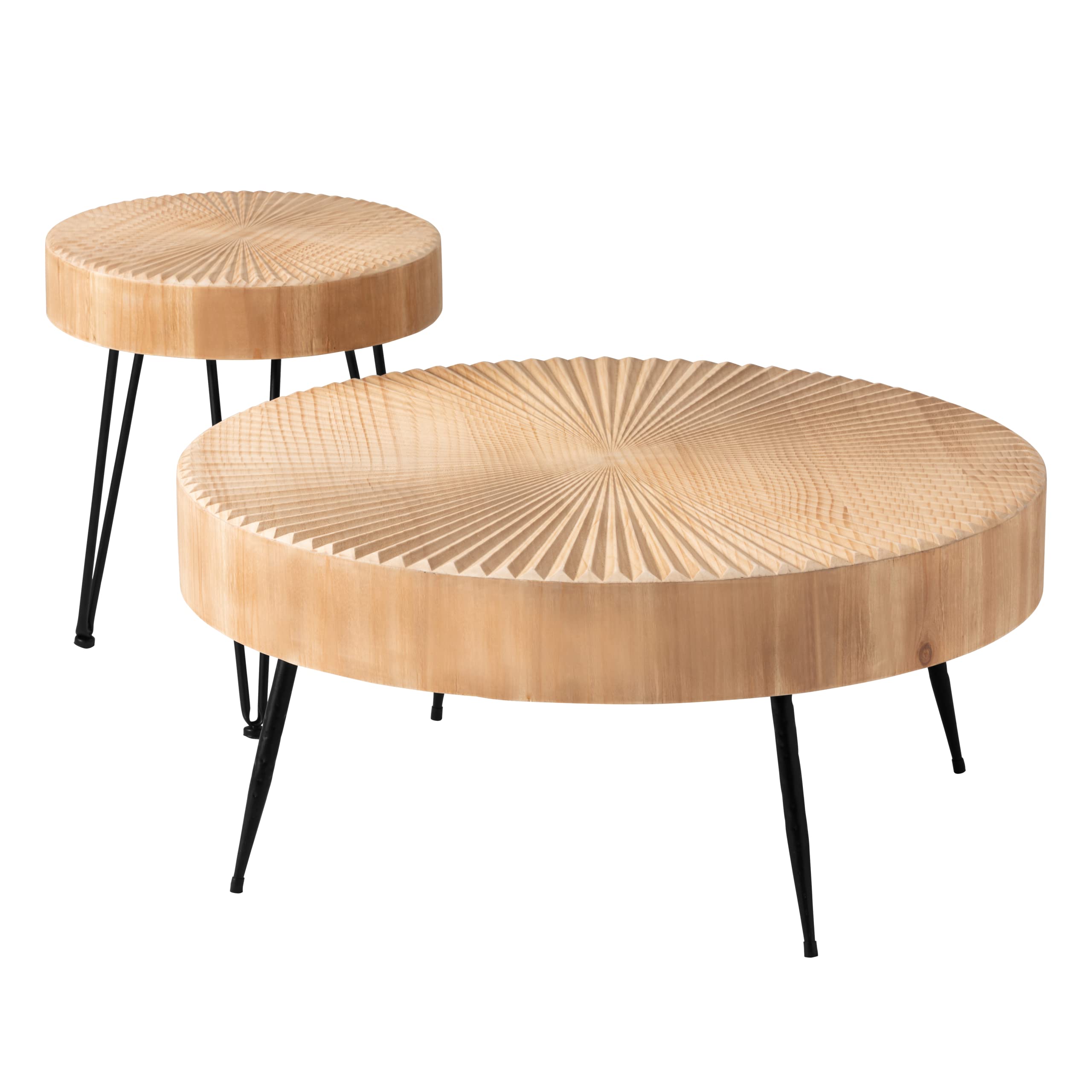 COZAYH 2-Piece Modern Farmhouse Living Room Coffee Table Set, Nesting Table Round Natural Finish with Handcrafted Wood Radial Pattern