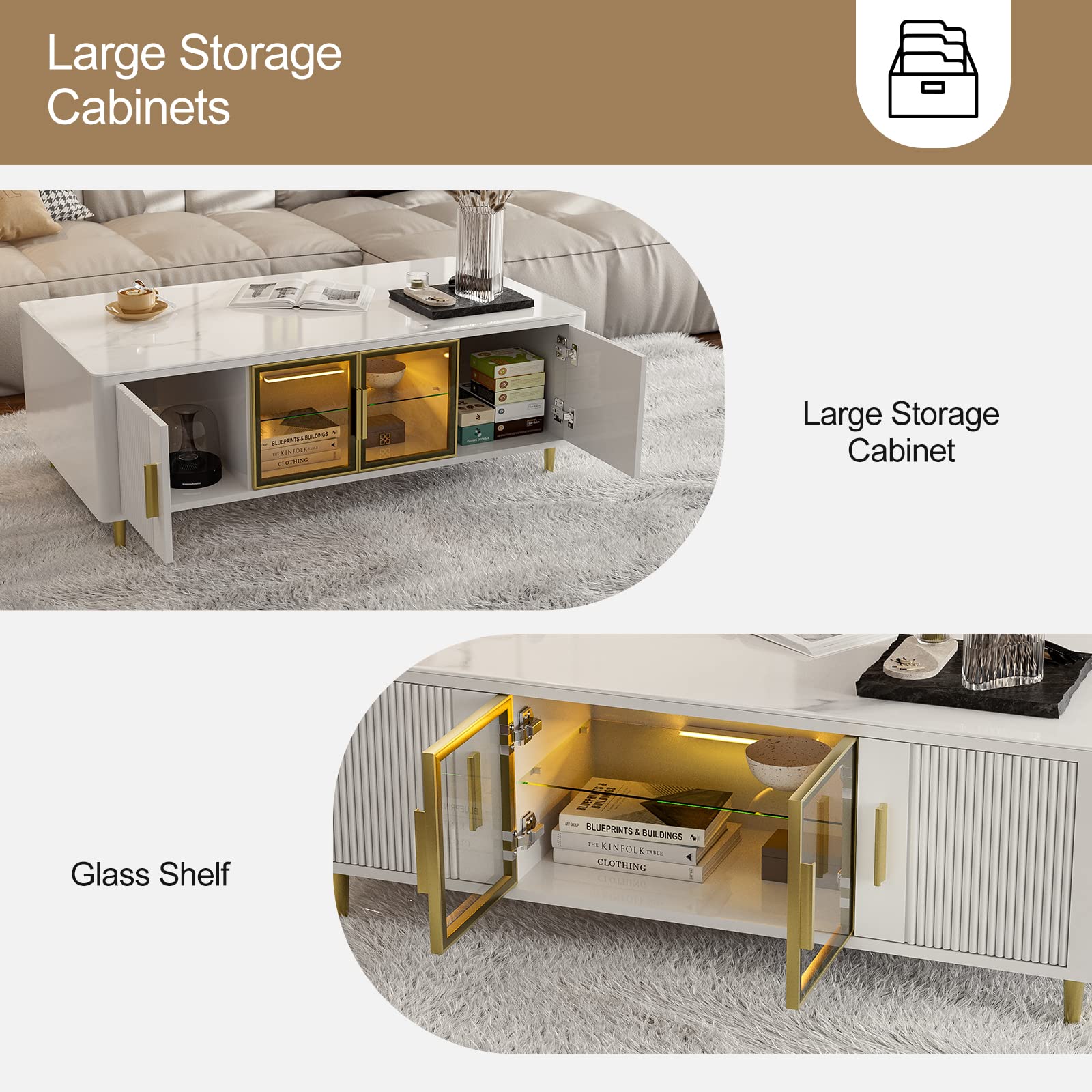 IKIFLY Modern Slate Coffee Table with 16 Colors LED Lights and Glass Doors, Durable Rectangle Design End Table for Living Room Bedroom