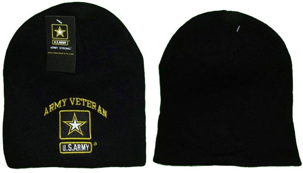 8" Black Army Veteran Embroidered Winter Beanie Skull Cap Toboggan Hat