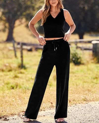 BTFBM Women's Summer 3 Piece Outfits Ribbed Knit Cardigan Cropped Tank Tops Wide Leg Pant Tracksuit Lounge Matching Sets(Solid Black, Medium)