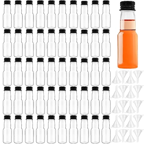 50 Pack 1 oz Mini Liquor Bottles,Clear Plastic Wine Bottles with Funnels,Airtight Plastic Spirit Bottle with Black Cap for Baby Shower, Weddings(30ml)