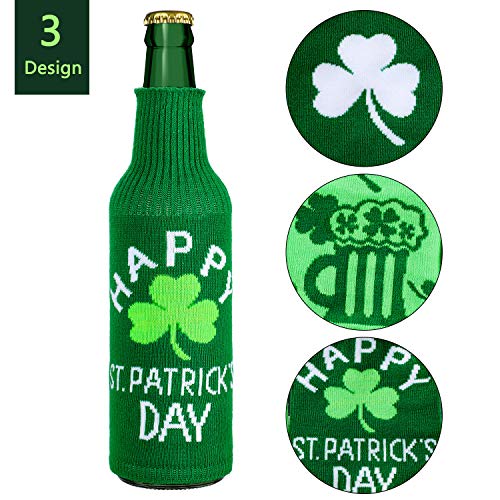 6 Packs St. Patricks Day-Themed Bottle Sleeves Green Shamrock Beer Bottle Covers Glass Beer Bottle Decor for Holiday Party Table Decorations