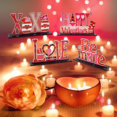 4Pcs Valentine's Day Decorations Love Wooden Table Sign, Anniversaries Tabletop Centerpiece Signs Ornaments for Gift Dining Room Table Party Home Kitchen Holiday Decorations Gift for Girlfriend Wife