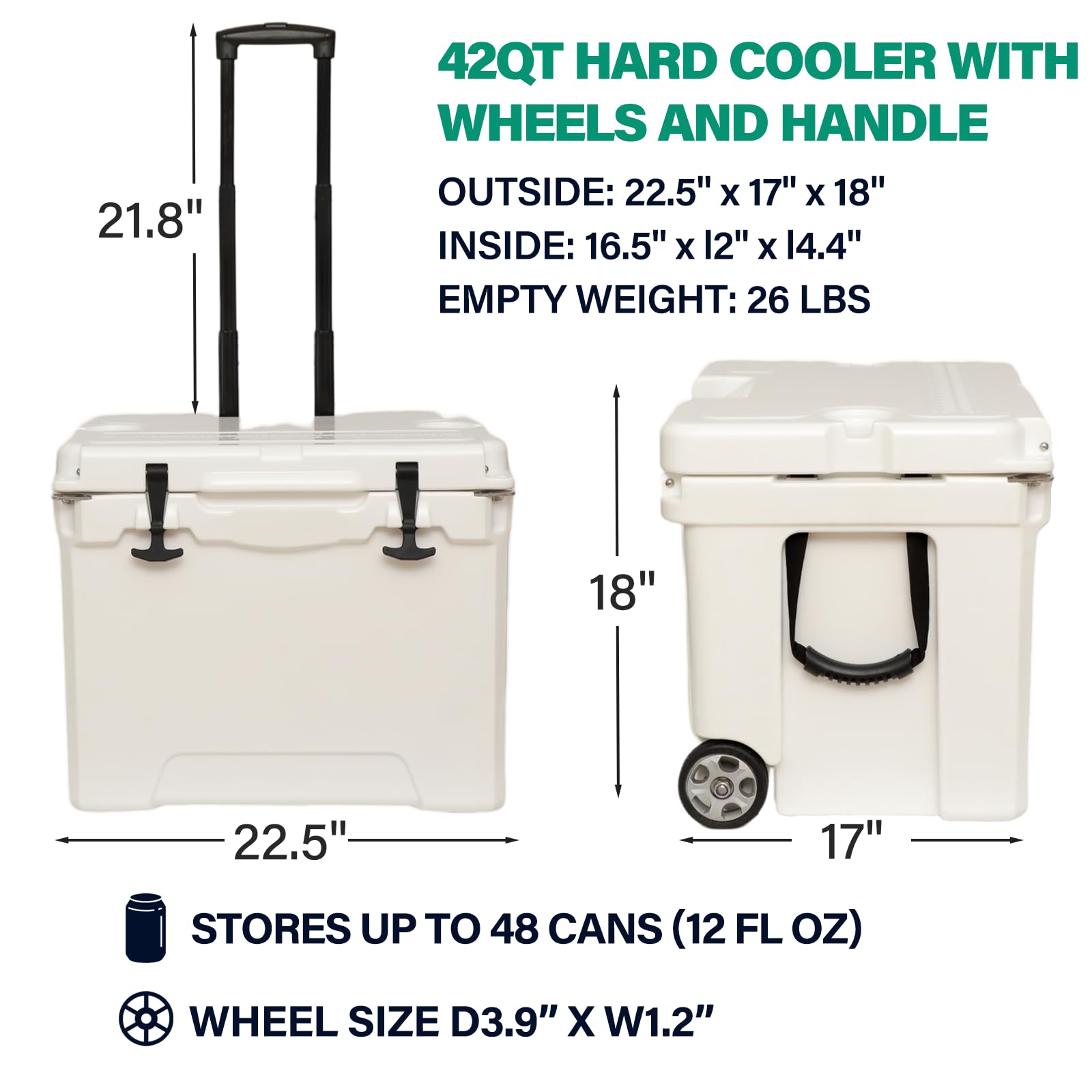 FOROUT Hard Cooler with Wheels and Handle, 42 Quart Ice Chest with Wheels Keeping Ice Cold for Days, Great for The Beach, Boat, Travel,Fishing, Barbecue or Camping White