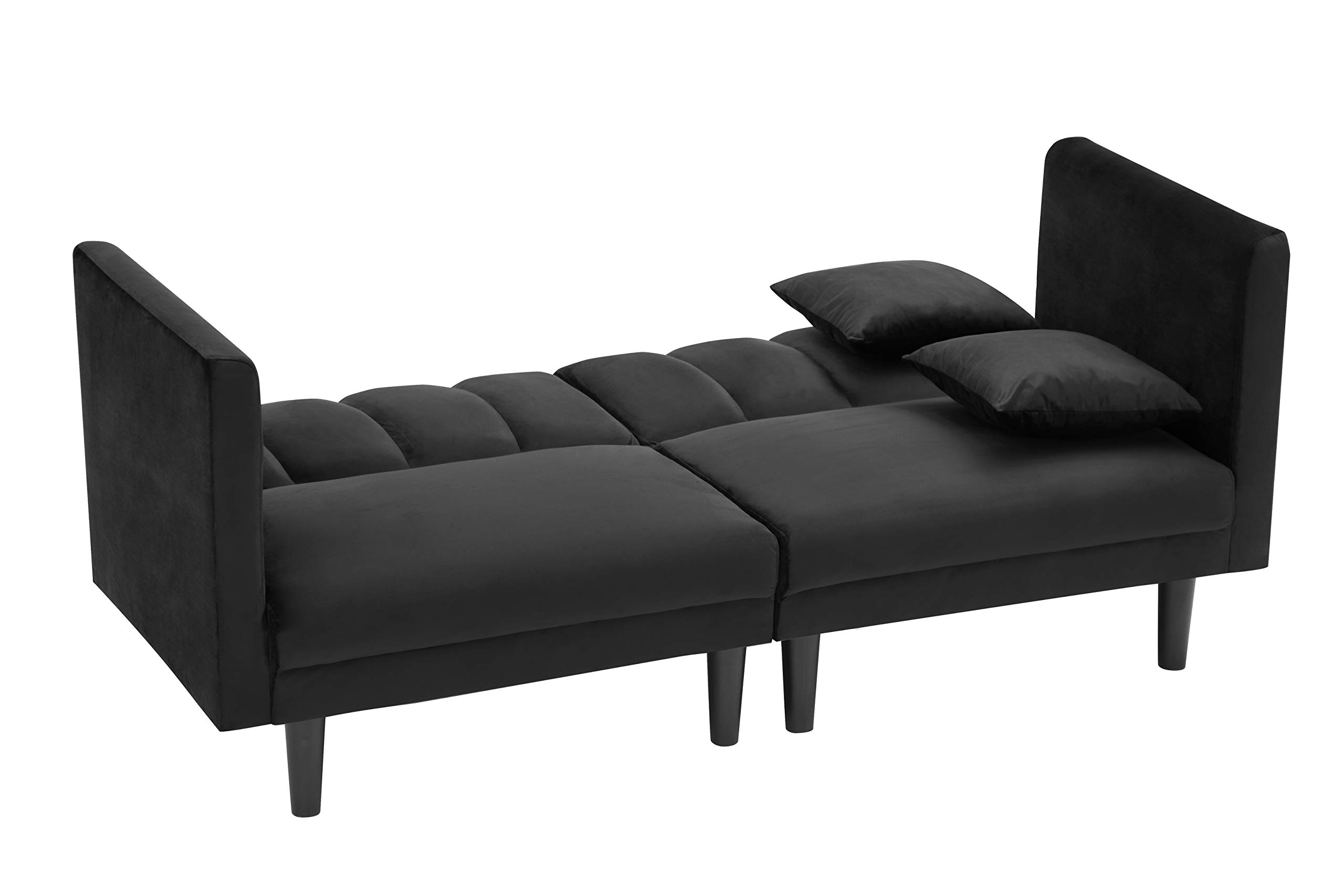Lepfun Futon Bed Convertible Velvet, Modern Sleeper Sofa with 2 Pillows, 3 Adjustable Angles for Backrest, Living Room Couch with 7 Sturdy Metal Legs, Upholstered Loveseat for Home, Office, Black