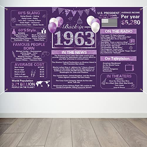 Crenics Purple 60th Birthday Decorations for Women, Vintage Back in 1963 Birthday Backdrop Banner, Large 60 Years Old Birthday Anniversary Poster Photo Background Party Supplies, 5.9 x 3.6 Ft