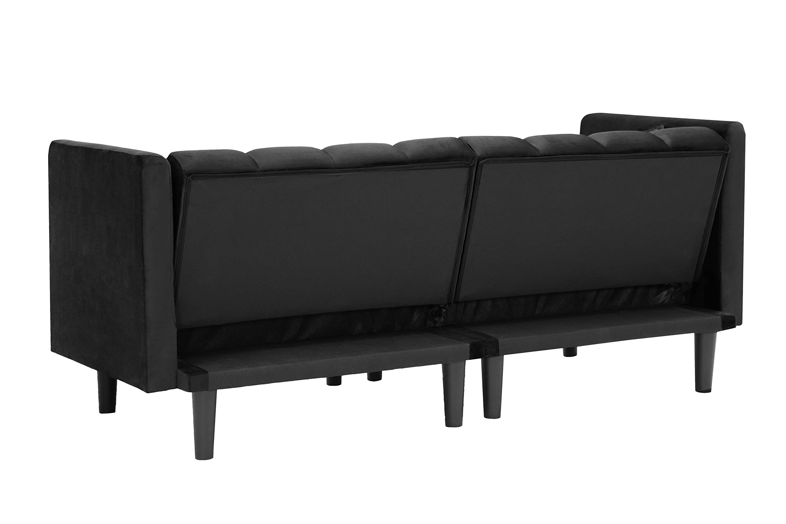 Lepfun Futon Bed Convertible Velvet, Modern Sleeper Sofa with 2 Pillows, 3 Adjustable Angles for Backrest, Living Room Couch with 7 Sturdy Metal Legs, Upholstered Loveseat for Home, Office, Black