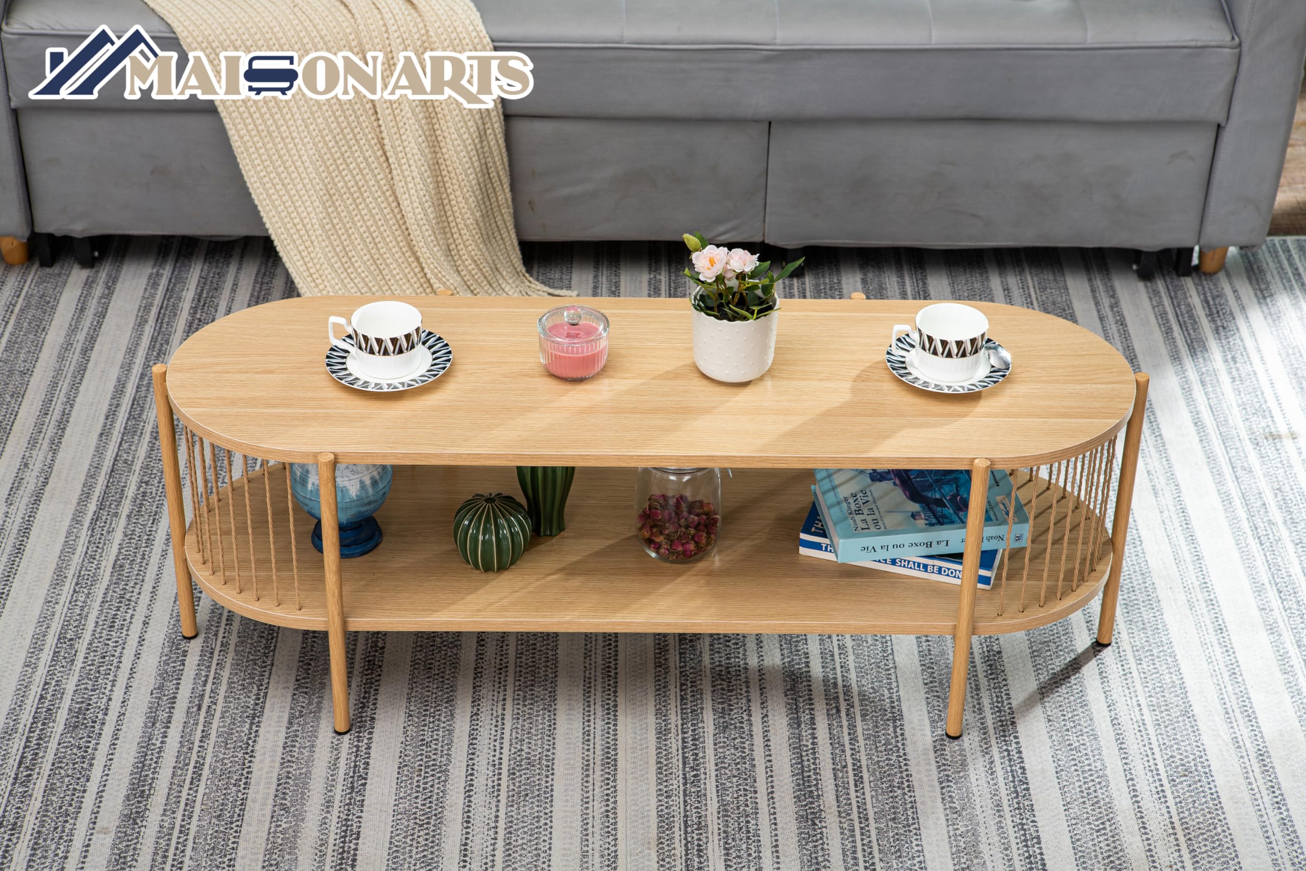 MAISON ARTS Modern Coffee Table with Storage Shelf, Rustic Farmhouse Coffee Table with Metal Legs for Living Room, Wood Look Mid Century Accent Furniture, Easy Assembly