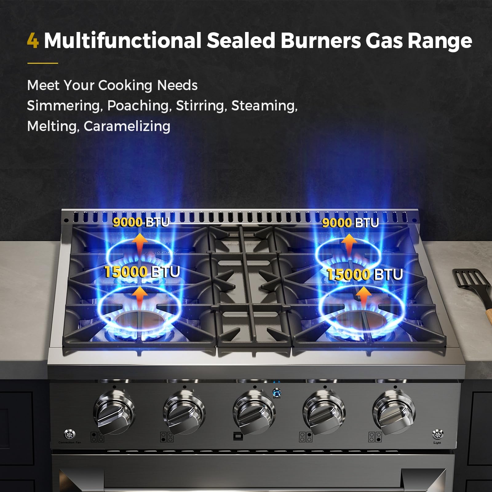 Empava Gas Range, Convection Oven 4.2 Cu. Ft with Touch Timer, 4 Deep Recessed Burners Cooktop, Heavy Duty Continuous Grates in Stainless Steel, Freestanding & Slide-in,30 Inch, 30.05 Inch