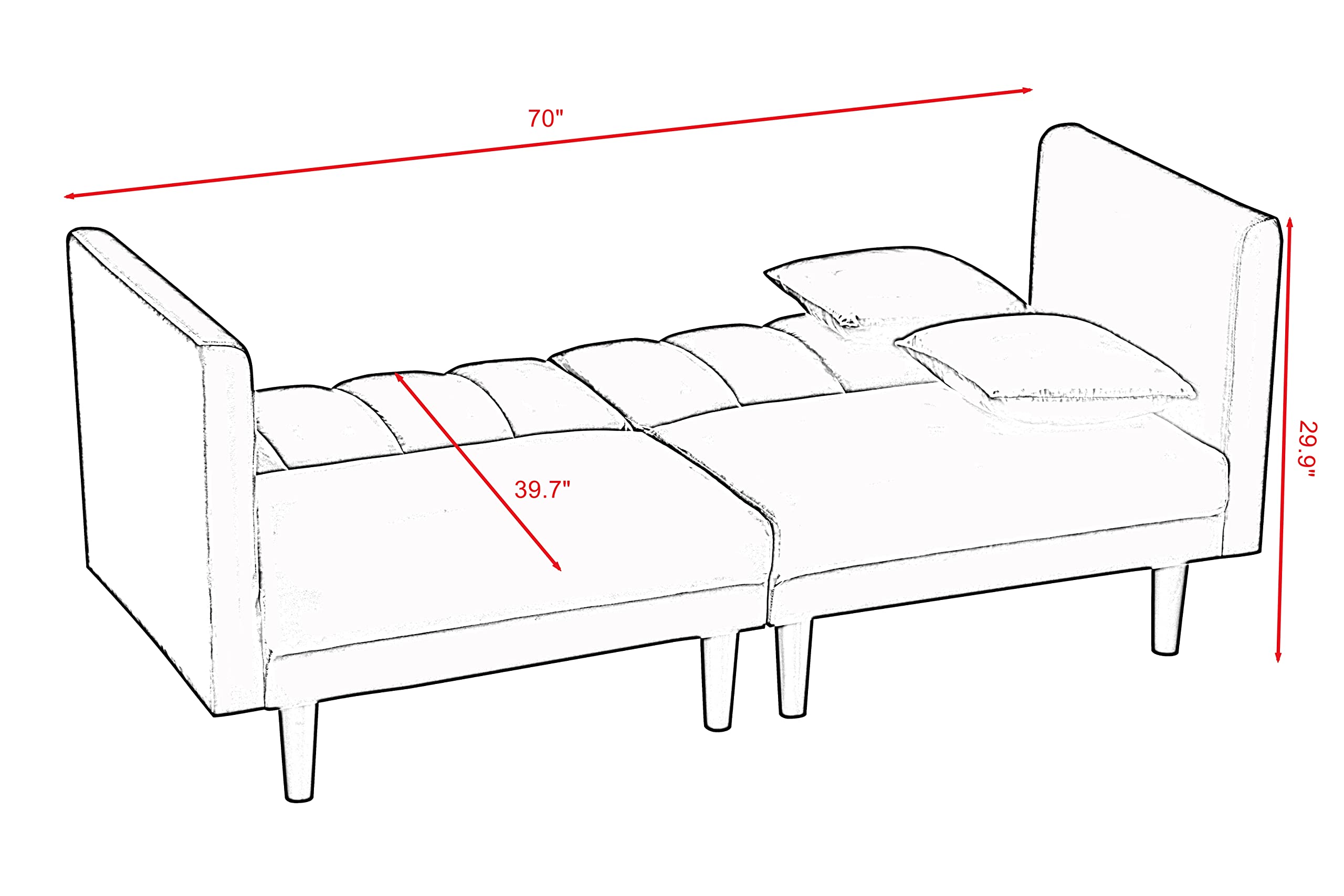 Lepfun Futon Bed Convertible Velvet, Modern Sleeper Sofa with 2 Pillows, 3 Adjustable Angles for Backrest, Living Room Couch with 7 Sturdy Metal Legs, Upholstered Loveseat for Home, Office, Black