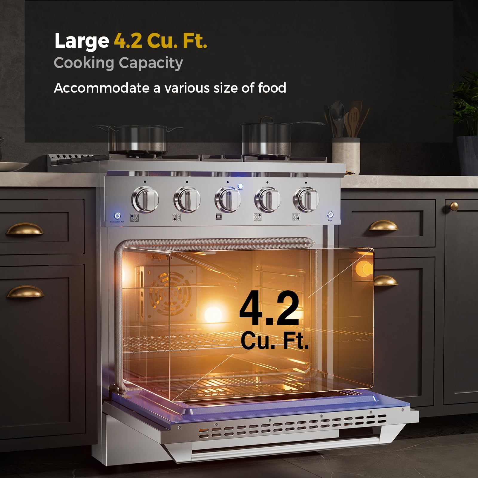 Empava Gas Range, Convection Oven 4.2 Cu. Ft with Touch Timer, 4 Deep Recessed Burners Cooktop, Heavy Duty Continuous Grates in Stainless Steel, Freestanding & Slide-in,30 Inch, 30.05 Inch