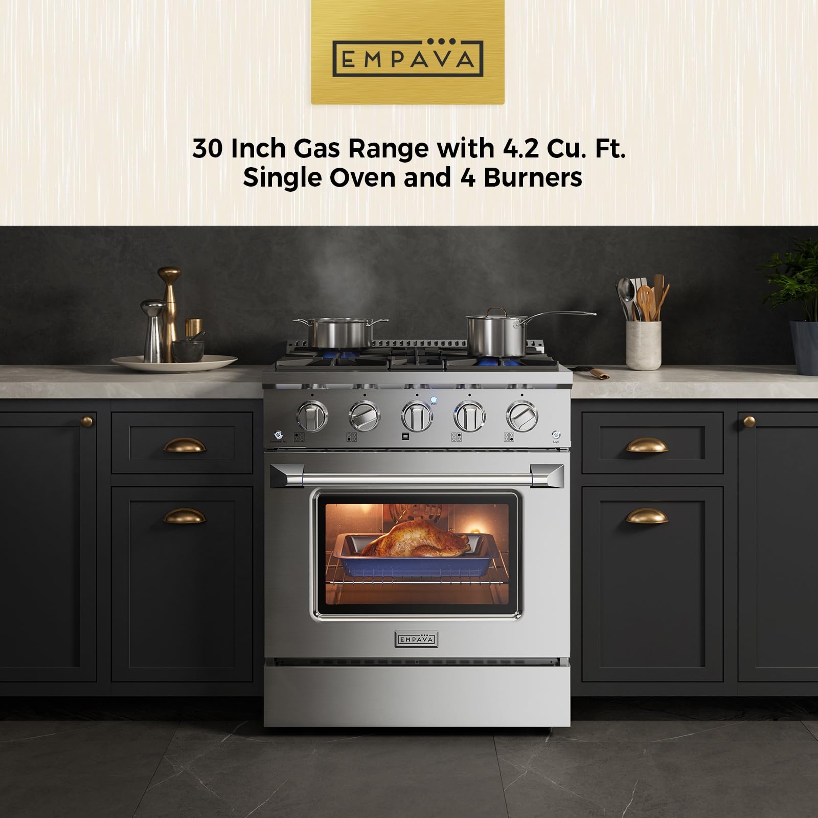Empava Gas Range, Convection Oven 4.2 Cu. Ft with Touch Timer, 4 Deep Recessed Burners Cooktop, Heavy Duty Continuous Grates in Stainless Steel, Freestanding & Slide-in,30 Inch, 30.05 Inch