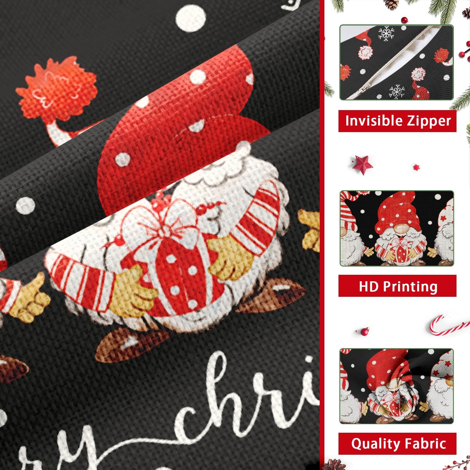 Christmas Throw Pillow Cover Black Christmas Gnome Linen Lumbar Pillow Cover Decorations for Home 12x20 Inches Cushion Pillowcase Sofa and Bed Decor