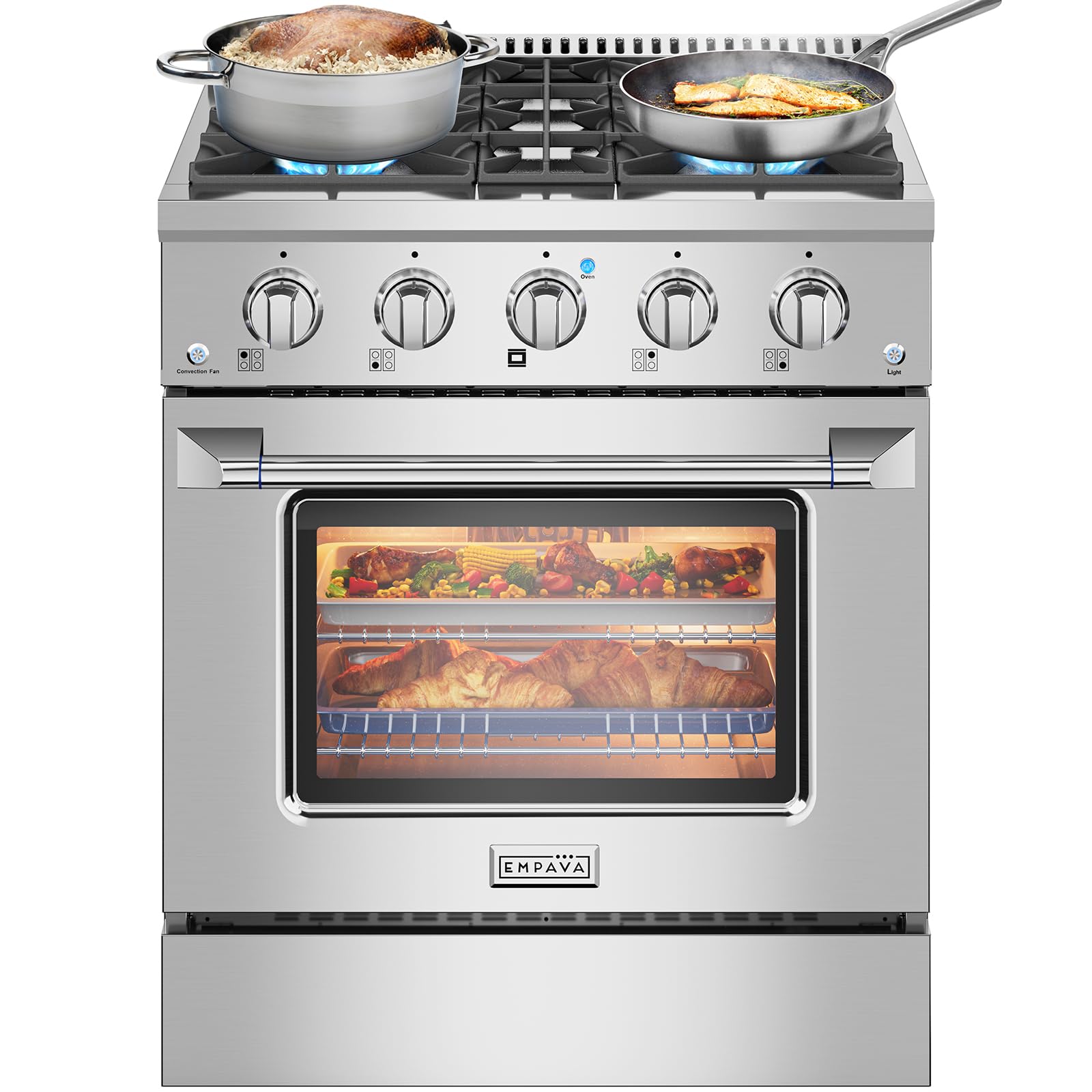 Empava Gas Range, Convection Oven 4.2 Cu. Ft with Touch Timer, 4 Deep Recessed Burners Cooktop, Heavy Duty Continuous Grates in Stainless Steel, Freestanding & Slide-in,30 Inch, 30.05 Inch