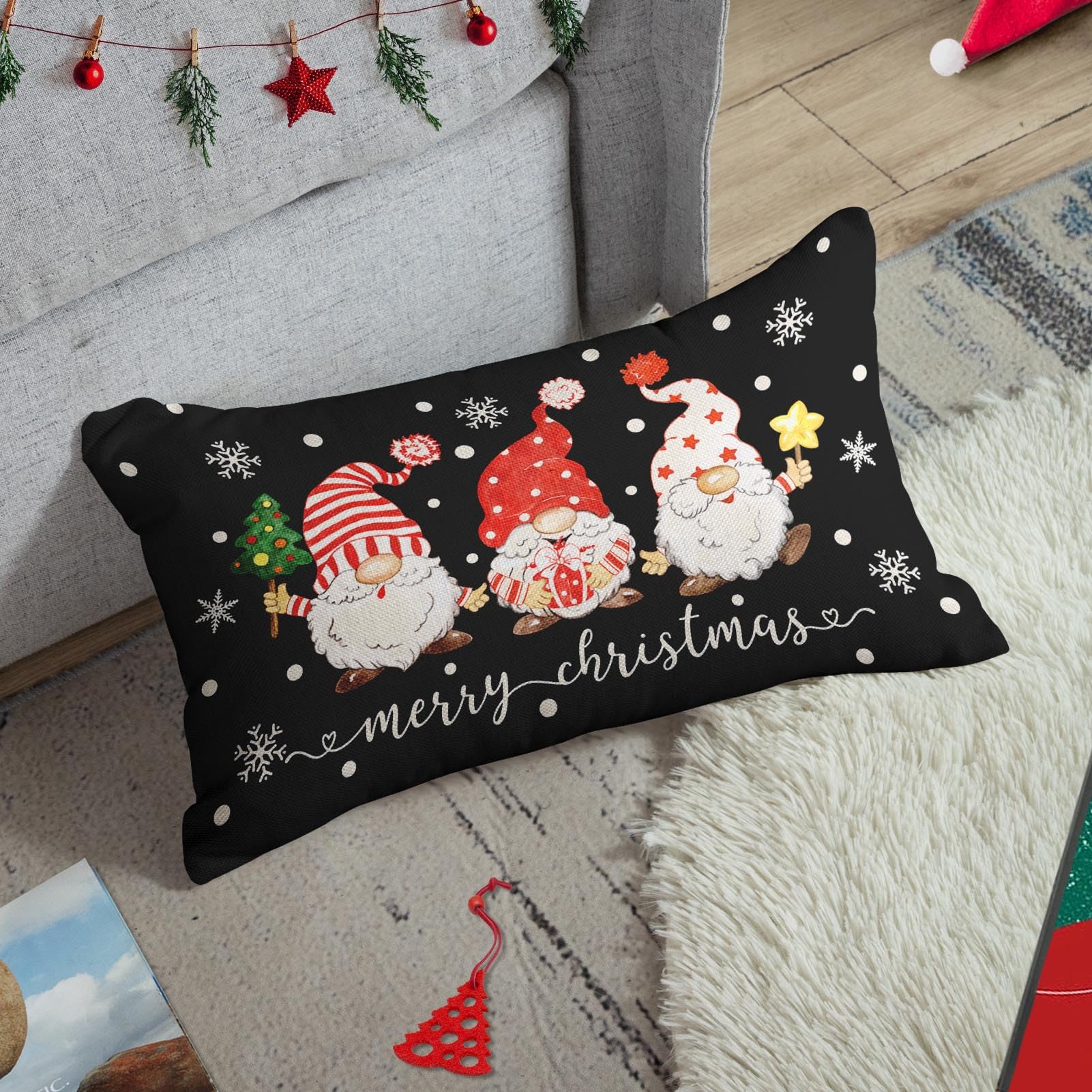 Christmas Throw Pillow Cover Black Christmas Gnome Linen Lumbar Pillow Cover Decorations for Home 12x20 Inches Cushion Pillowcase Sofa and Bed Decor
