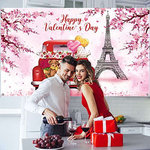 72.83 x 43.31 inch Valentine's Day Backdrop Banner Happy Valentine's Day Photography Props Backdrop Large Fabric Pink Flowers Trees Paris Eiffel Tower Banner for Valentines Party Supplies and Decor